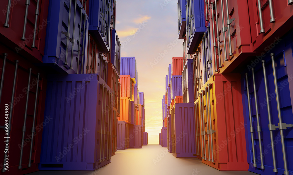 Stack of containers box in import export business logistic. 3d ...
