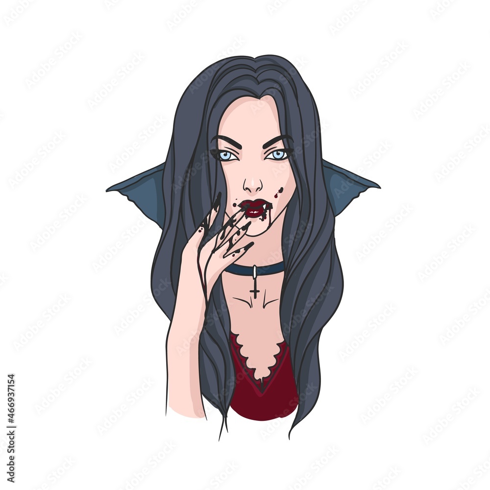Portrait of beautiful female vampire. Elegant gothic lady with long ...