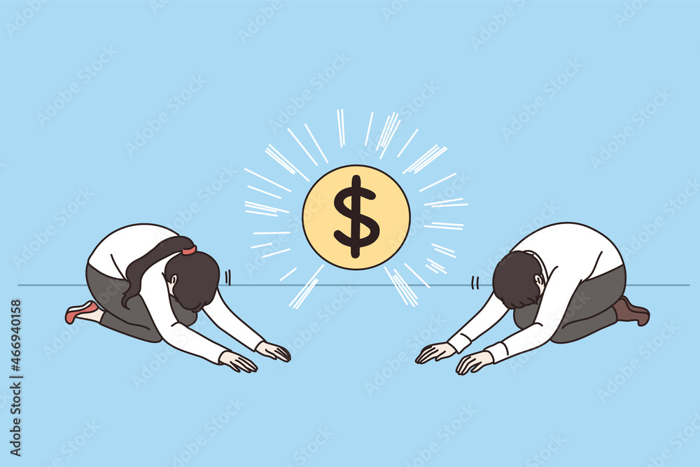 Businesspeople worship dollar coin symbol. Man and woman have prayer ...