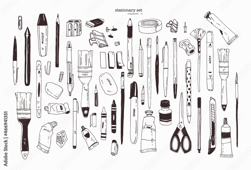 Collection of hand drawn stationery, writing utensils. Set of office ...