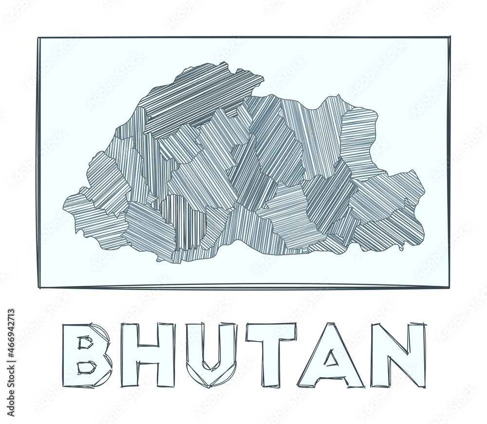 Sketch map of Bhutan. Grayscale hand drawn map of the country. Filled ...