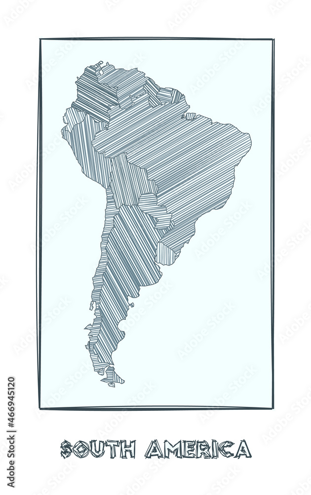 Sketch map of South America. Grayscale hand drawn map of the continent ...