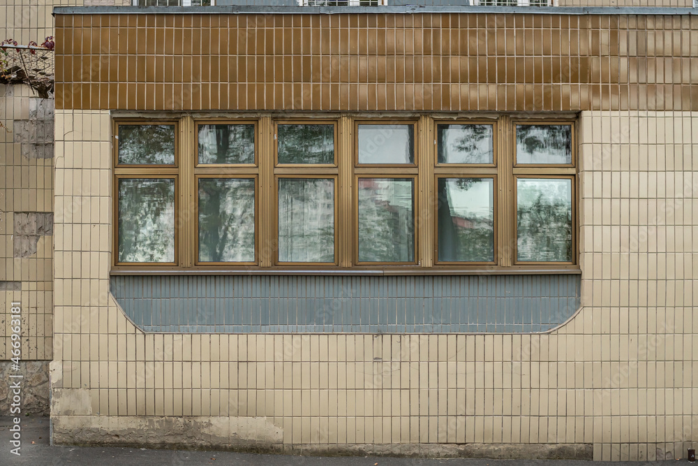 The entrance group to the old Soviet building of the 1980s, lined with ...