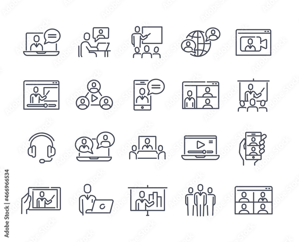 Webinar or online seminar set of icons. Thin stickers with video ...
