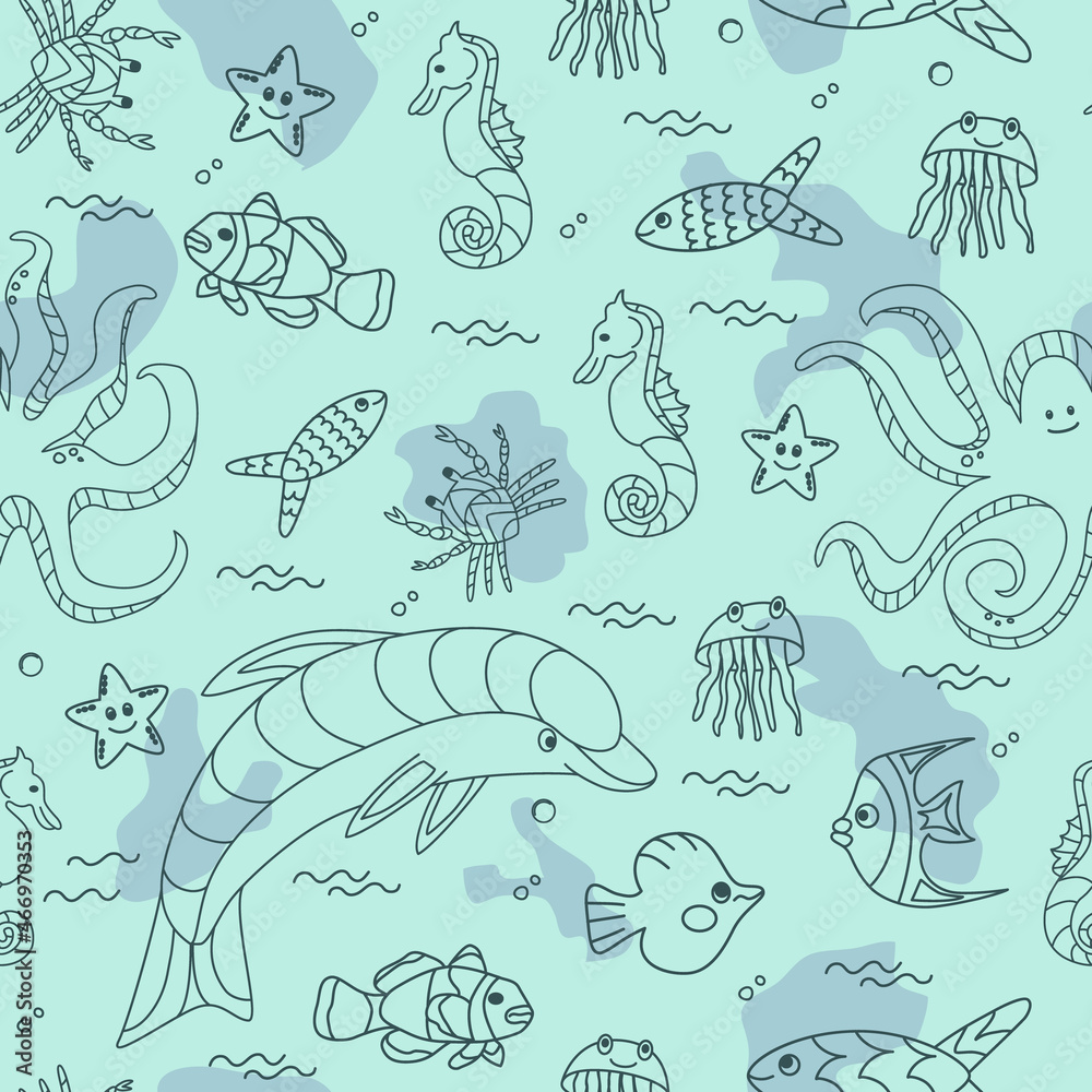Seamless pattern on the marine theme. Underwater inhabitants. Fish ...