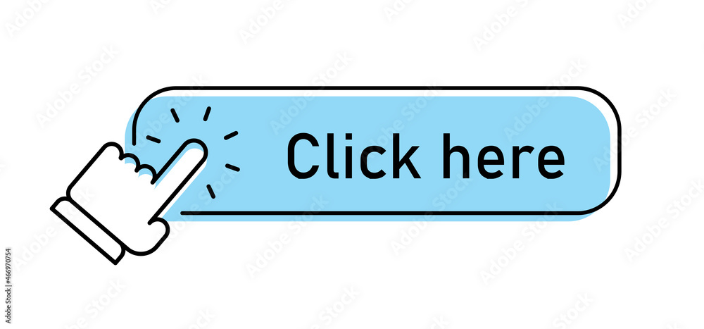 Click here button with linear hand clicking icon. Pointer call to ...