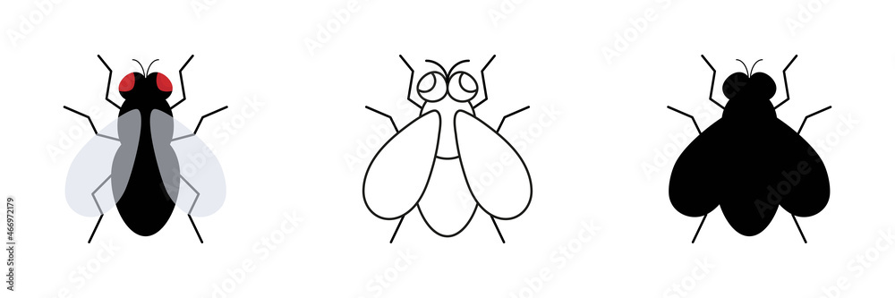 Flies icon set for drawing. Fly insect collection. Vector illustration ...