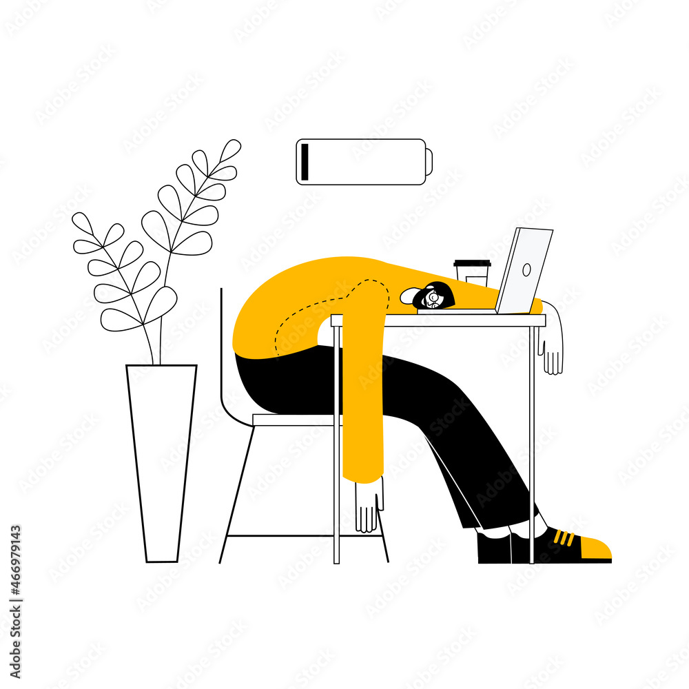 A tired man sleeps by an open laptop. Vector illustration in outline ...