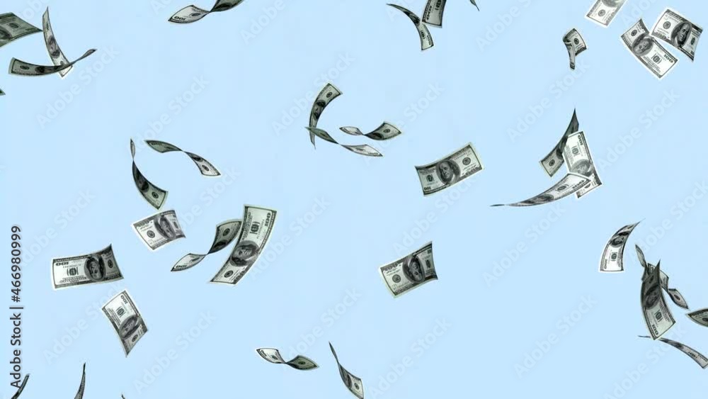 100 Dollar Bills on a blue background. Rain Effects. 3D Animation Money ...