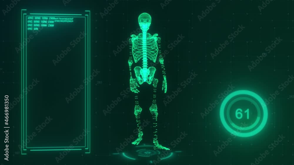 Technological concept. Walking 3d model of a skeleton on the background ...