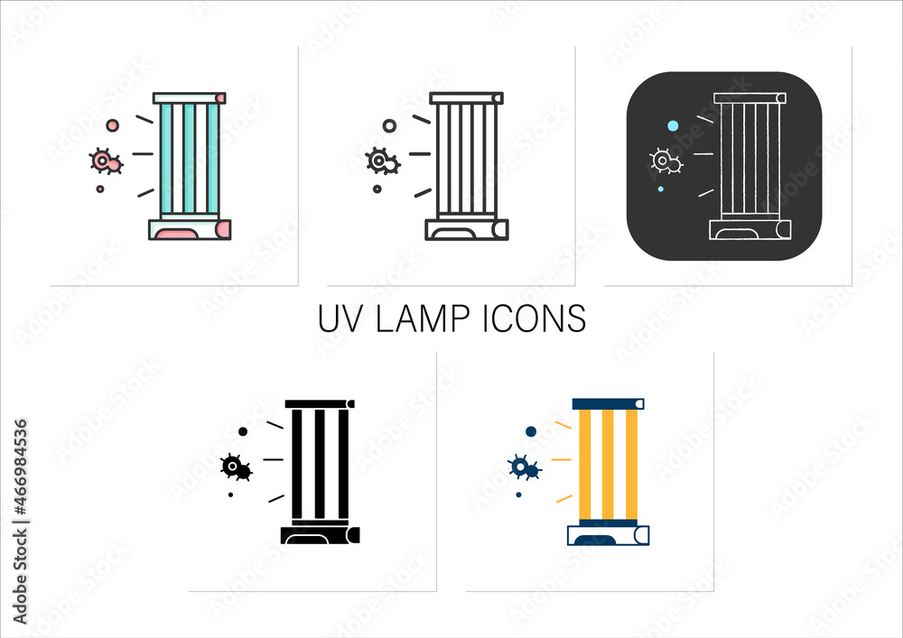 UV lamp icons set.Antibacterial light UVC sterilizer.Plant growing, air ...