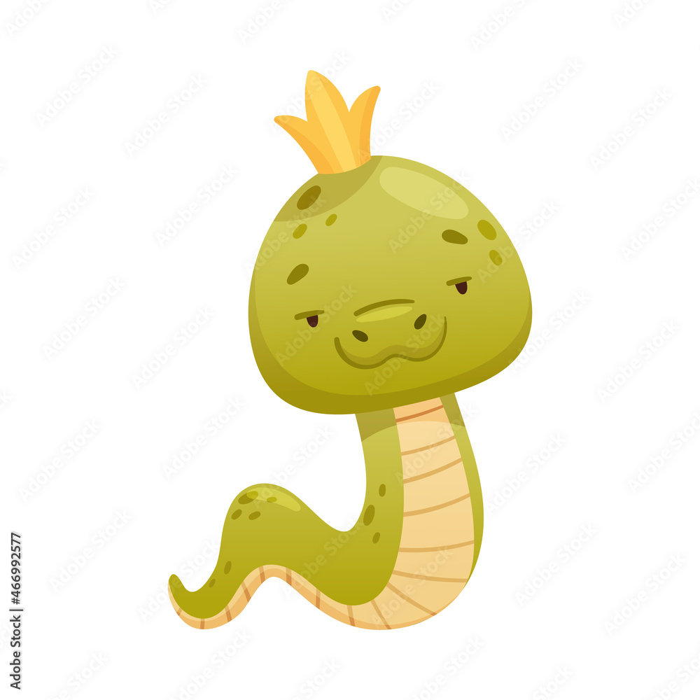 Cute green snake princess in golden crown. Funny wild reptile baby ...