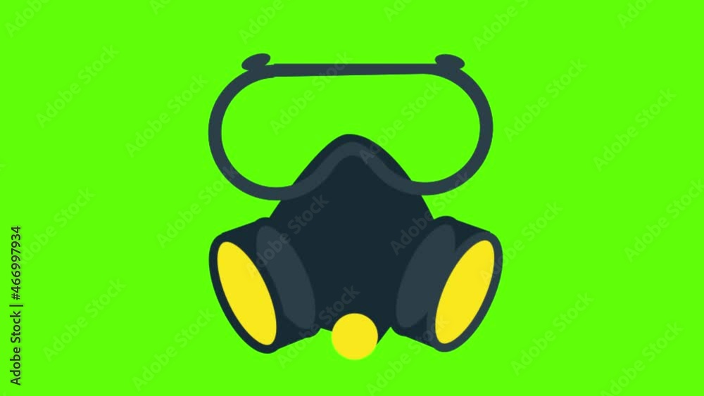 A cartoon animated icon of a gas mask with a respirator in the bright ...
