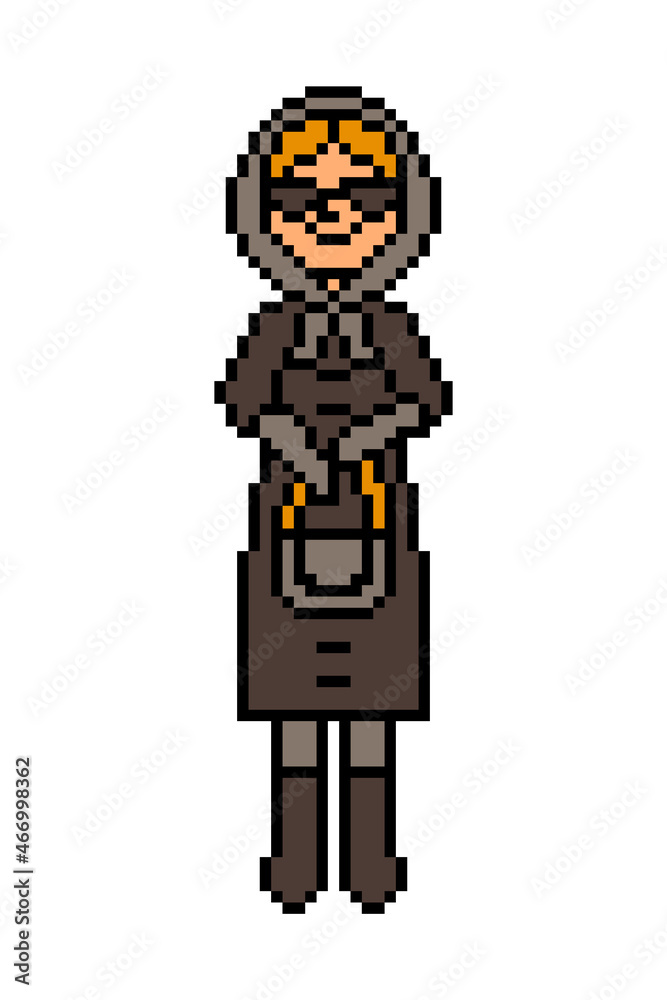 Fashionable woman in retro 60s style outfit, 8 bit pixel art character ...