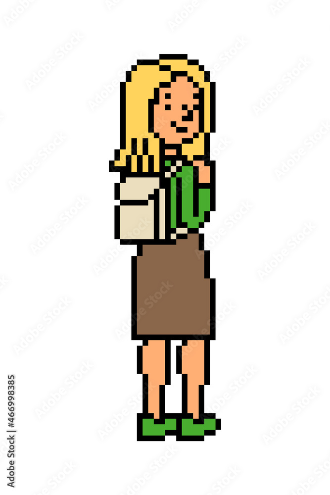 Happy schoolgirl with a backpack looking over shoulder, 8 bit pixel art ...