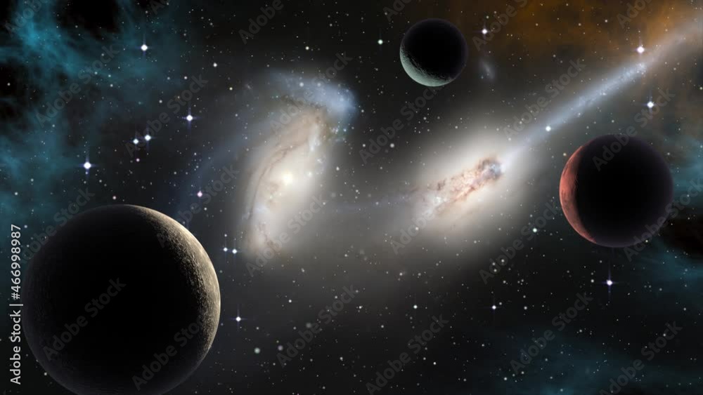 Space background slowly moving through universe among planets galaxies ...