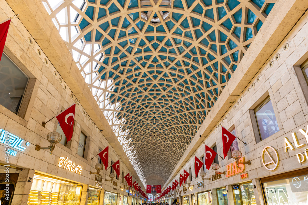 Bursa, Turkey - October 2021: Koza Han bazaar street view. Koza Han is ...