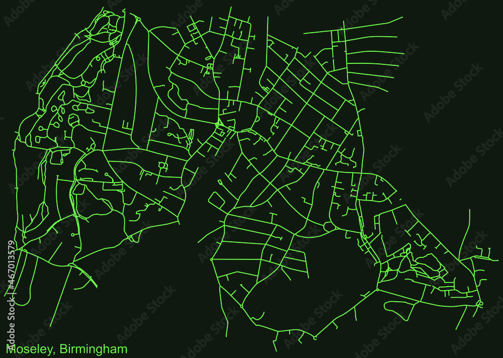 Detailed emerald green navigation urban street roads map on dark green ...