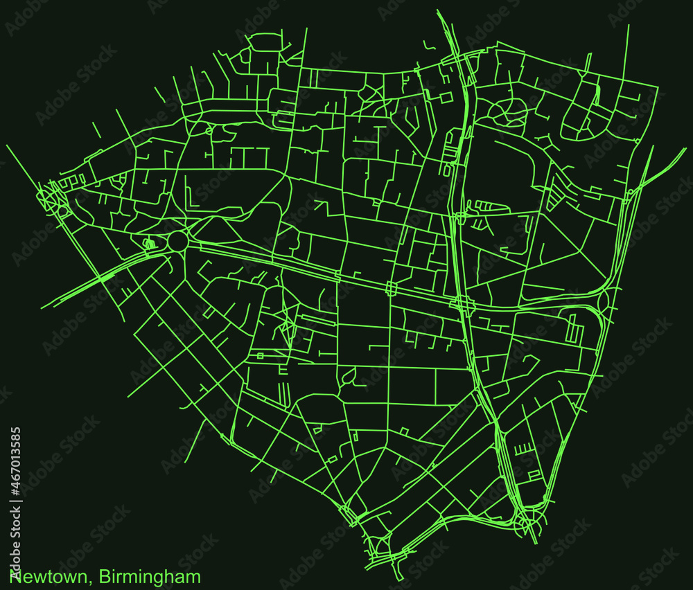Detailed emerald green navigation urban street roads map on dark green ...