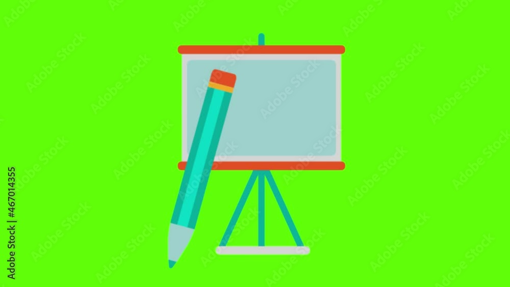 A whiteboard with a pencil; white easel animated cartoon icon in the ...