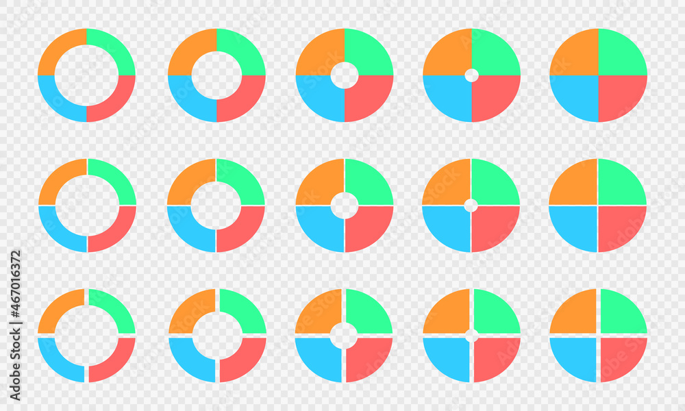 Pie and donut charts set. Circle diagrams divided in 4 sections ...