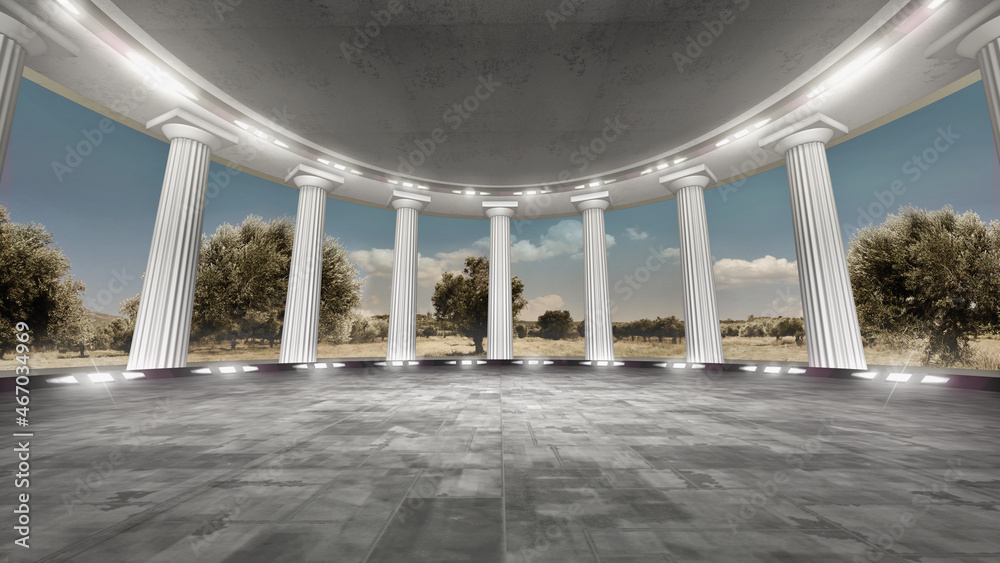 Virtual TV studio background with an ancient temple aesthetic. A CG ...