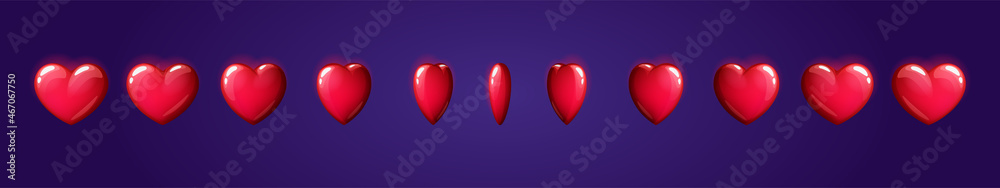 Animation sprite sheet of red heart rotation. Vector cartoon set of 3d ...