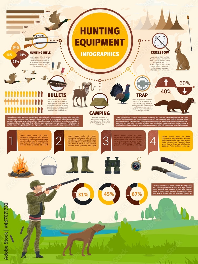 Hunting equipment infographics. Rifles, traps, bandolier and crossbow ...
