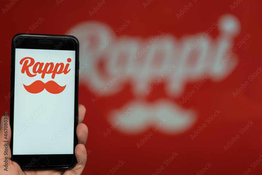 Rappi logo on the phone with the logo at the bottom, Rappi App. Stock ...