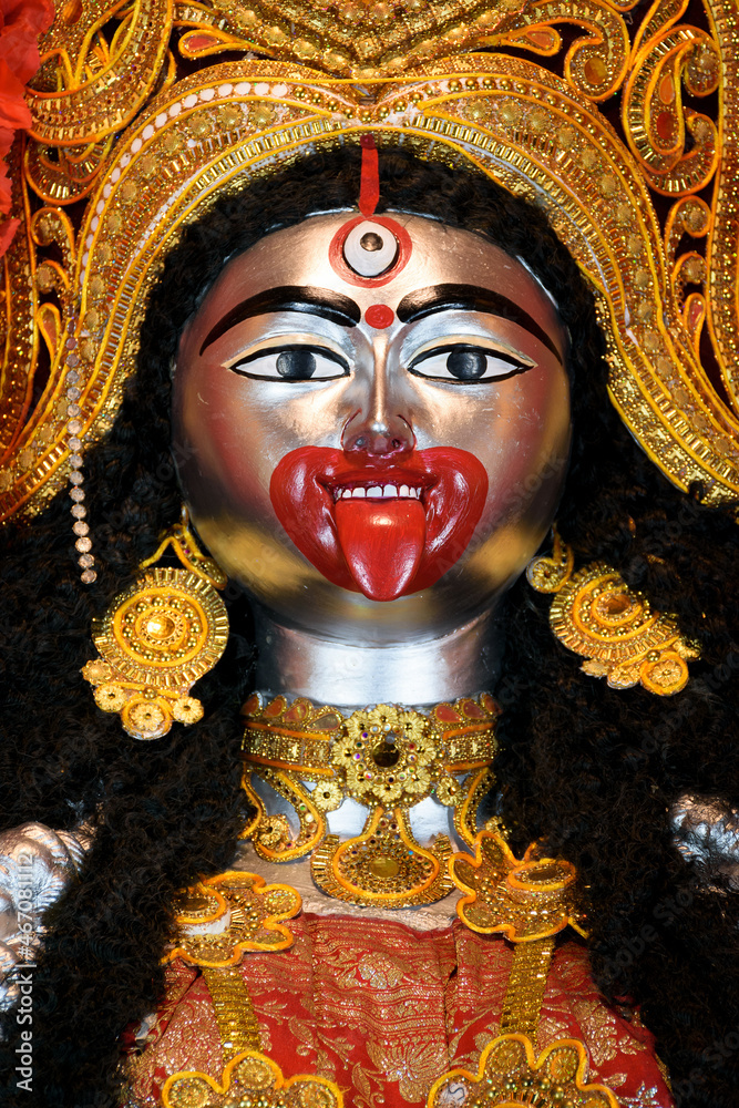 Idol of Goddess Maa Kali at a decorated puja pandal in Kolkata, West ...