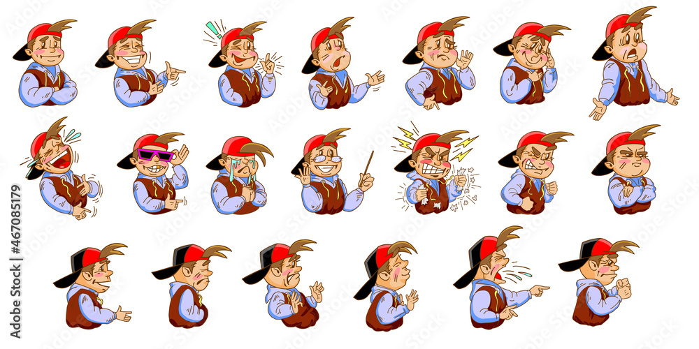 Different face expressions of cartoon kid sticker set. Vector ...