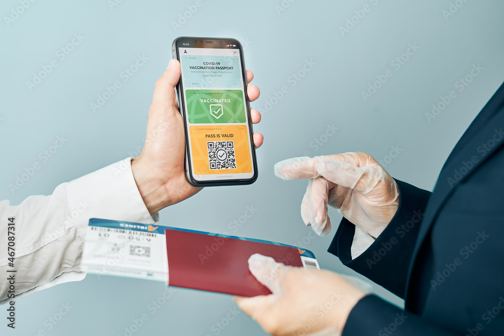 Digital covid certificate. Covid vaccination digital pass. Woman ...