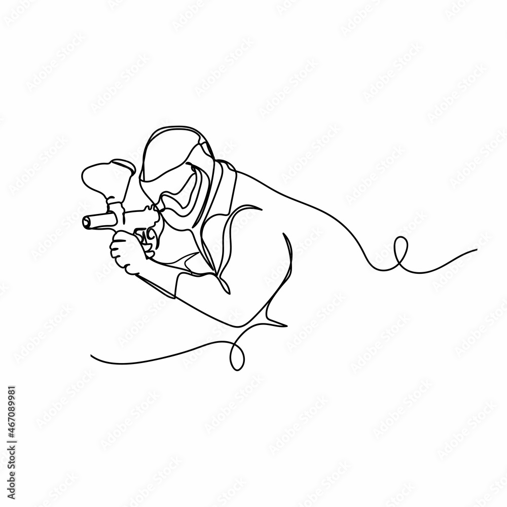 Vector continuous one single line drawing icon paintball player in ...