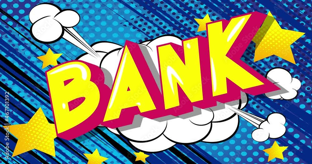 Bank. Motion poster. 4k animated Comic book word text changing color on ...