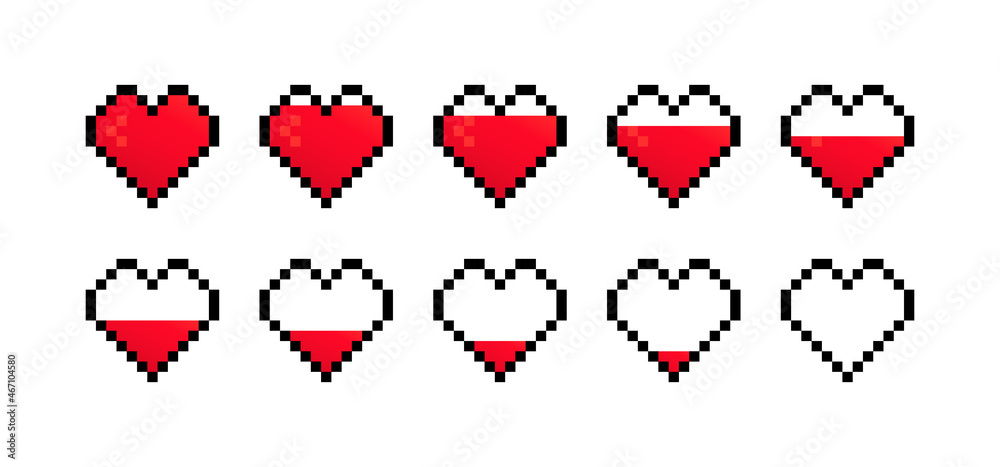 Vecteur Stock Pixel heart icon set. Pixel game life bar. Health heart ...