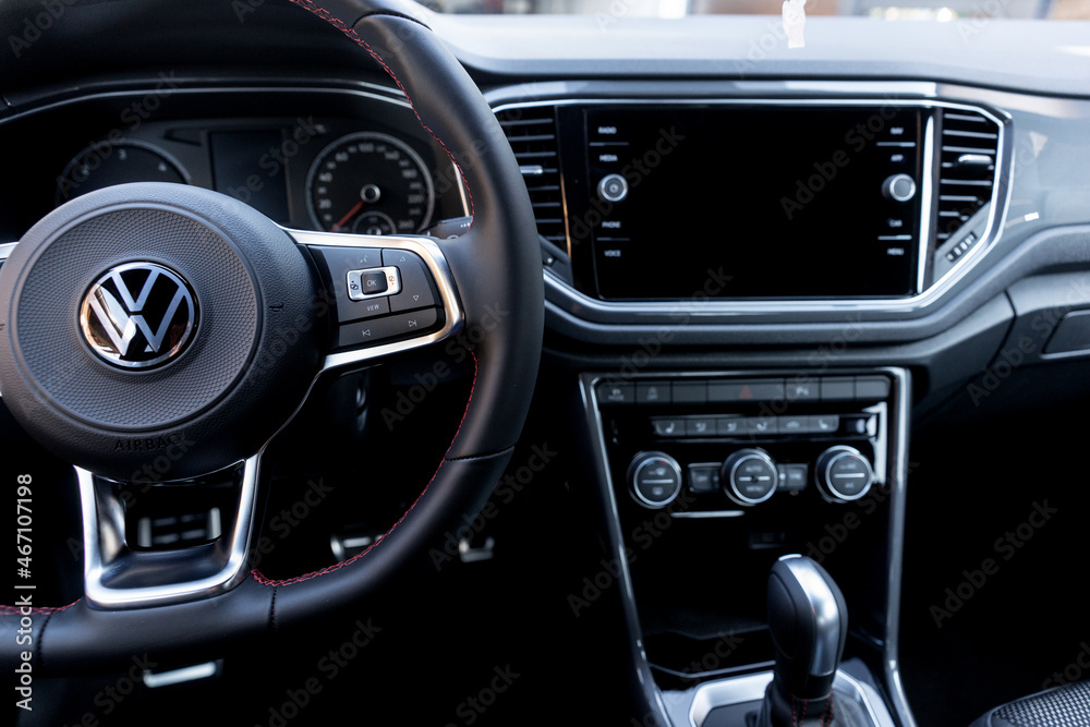 Interior of modern VW T-Roc. Interior with steering wheel and cockpit ...