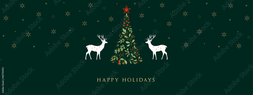 Horizontal Christmas, Holiday border with ornate floral Christmas Tree ...