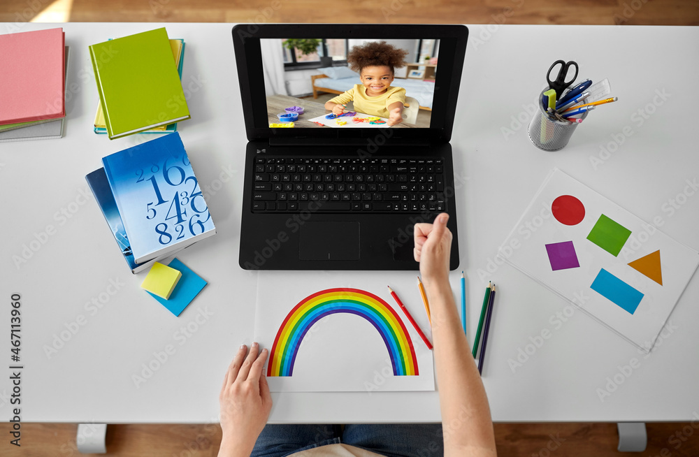 education, school and distant learning concept - teacher with laptop ...