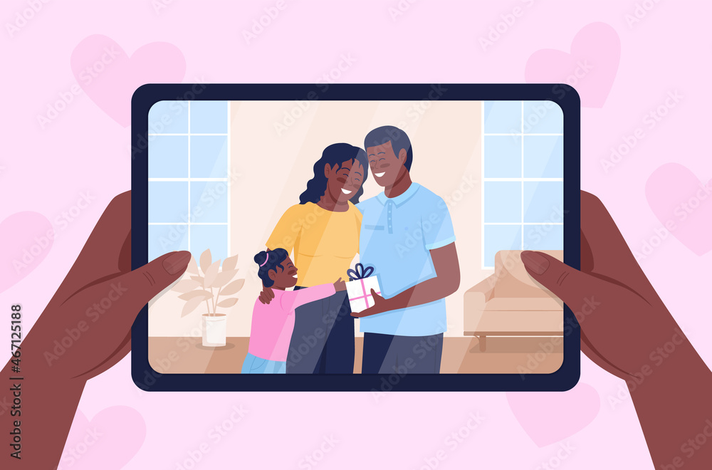 Taking picture of happy family 2D vector isolated illustration. Giving ...