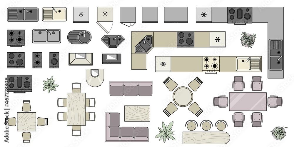 Kitchen and dining room furniture top view. Set of colored elements for ...