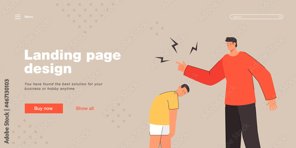 Angry dad punishing sad son flat vector illustration. Father screaming ...