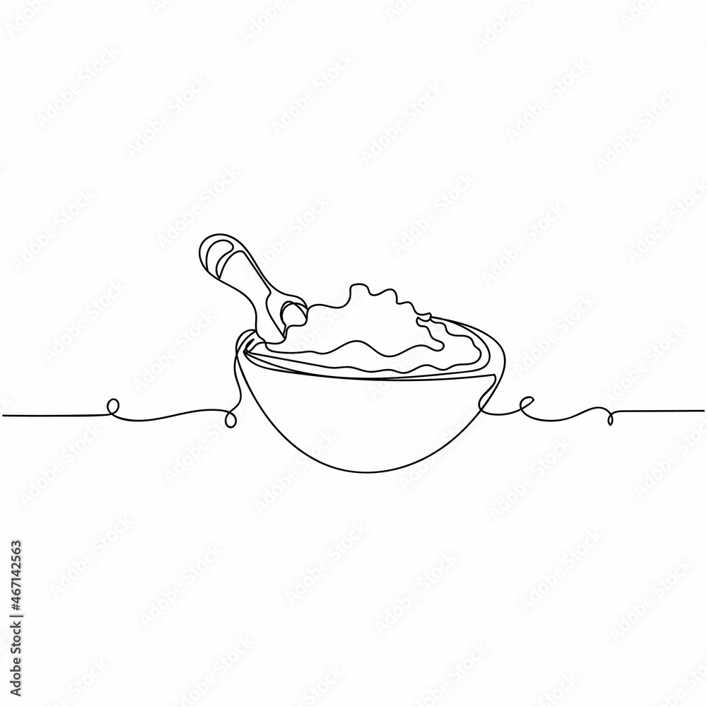Vector continuous one single line drawing icon of bowl with whole flour ...