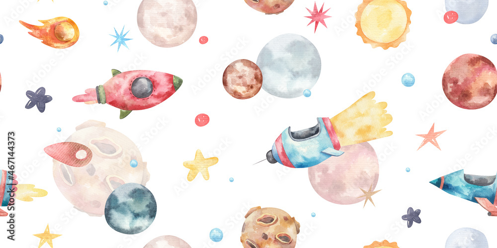 seamless pattern with spaceships, rockets, planets, stars and comets ...