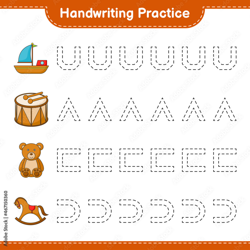 Handwriting practice. Tracing lines of Boat, Drum, Teddy Bear, and ...