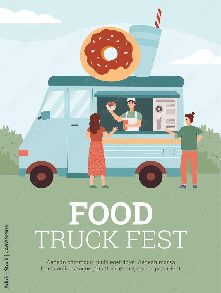 Donut food truck on summer festival vector flayer. Man in van sells ...