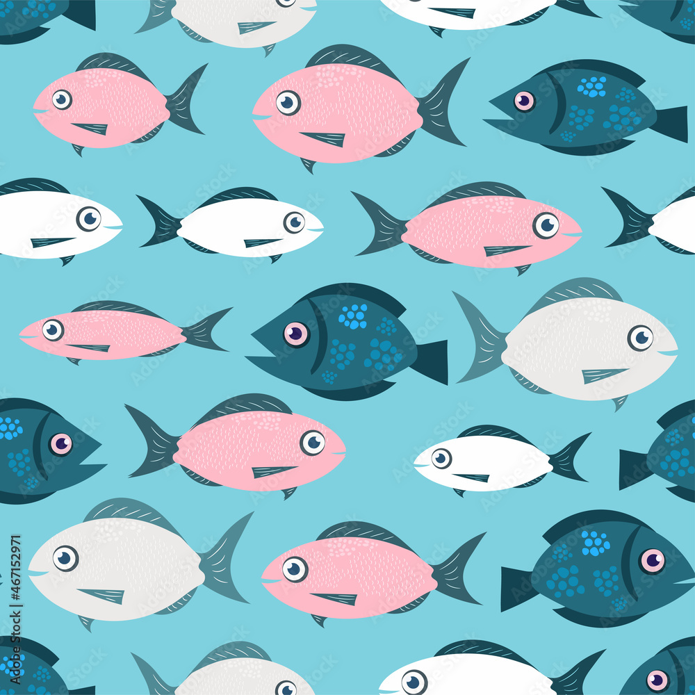 Seamless creative print of floating fish on a turquoise blue background ...