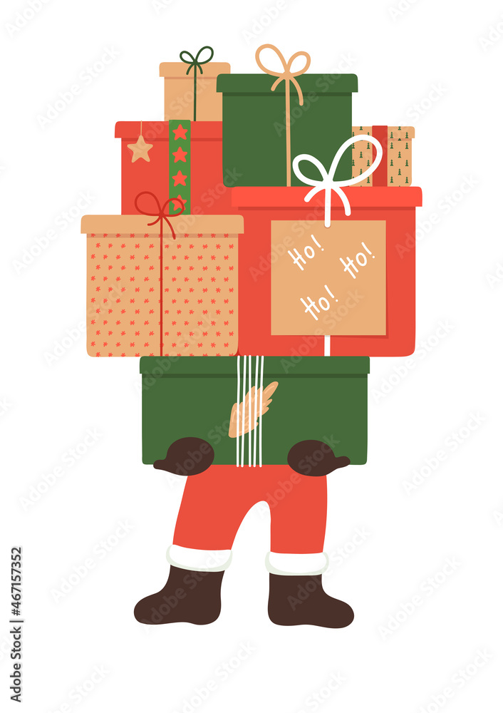 Santa Claus holding stack of Christmas gifts. Secret Santa. Xmas, New ...
