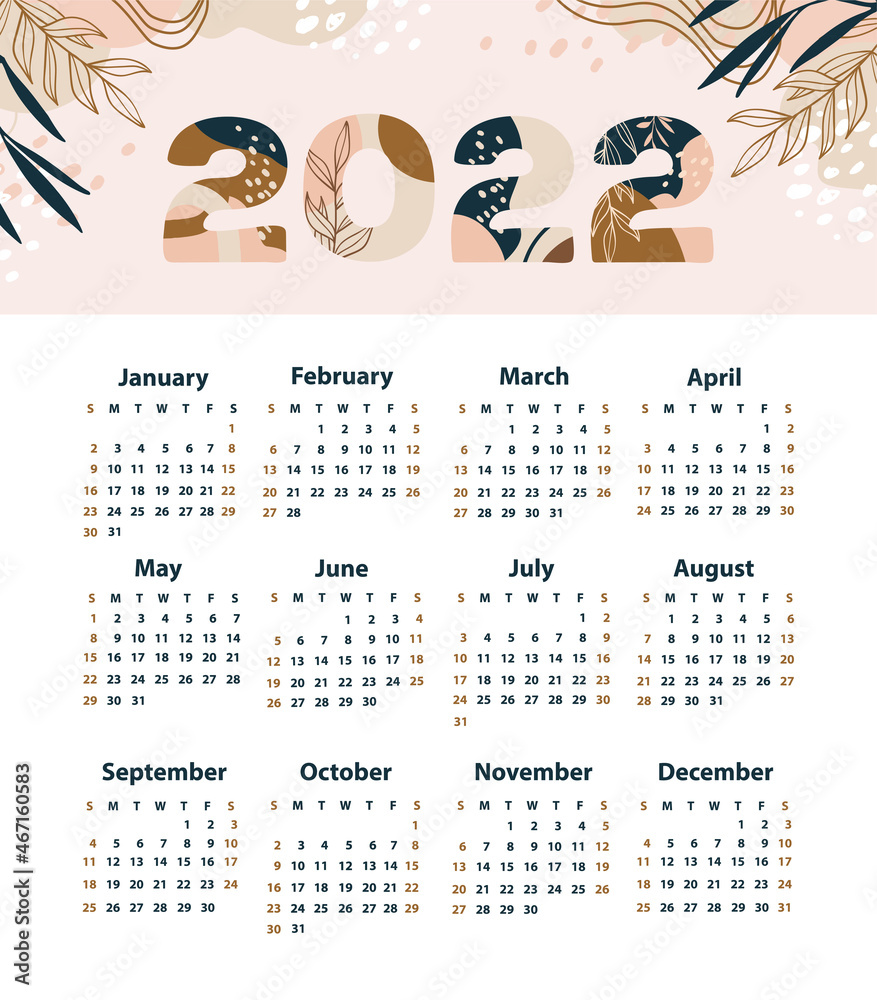 Calendar 2022 starting from Sunday. Various shapes and doodle objects ...