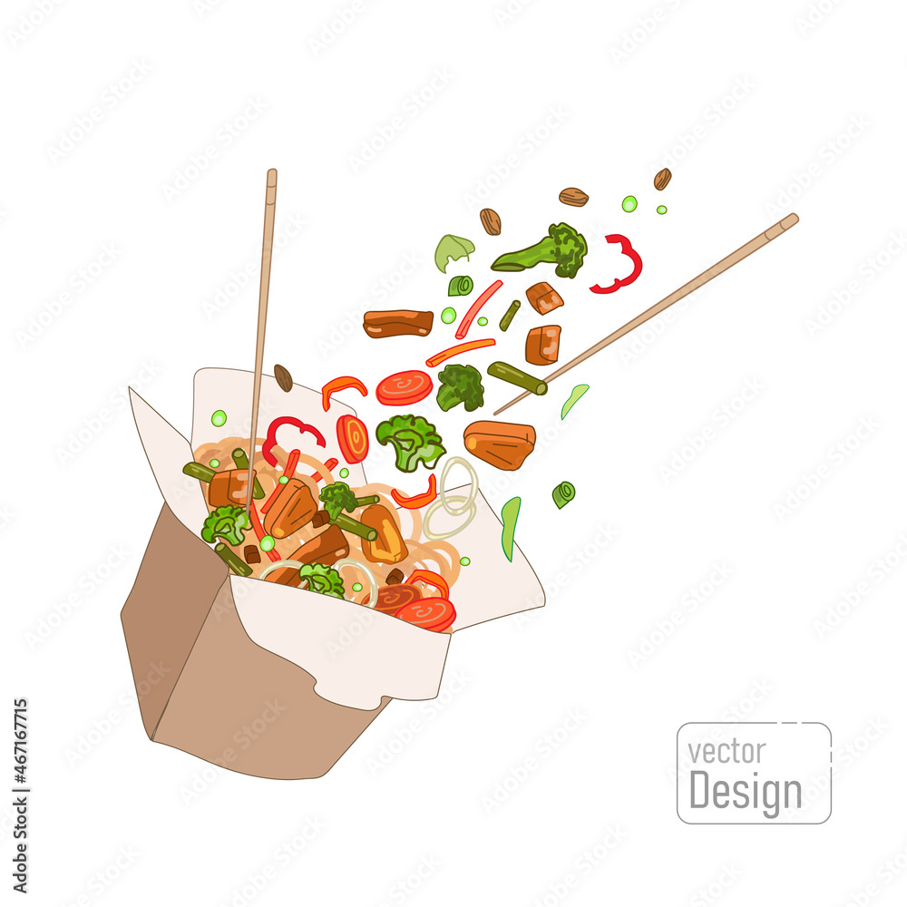 Chinese food in a cardboard box takeaway, Noodles with fried meat and ...