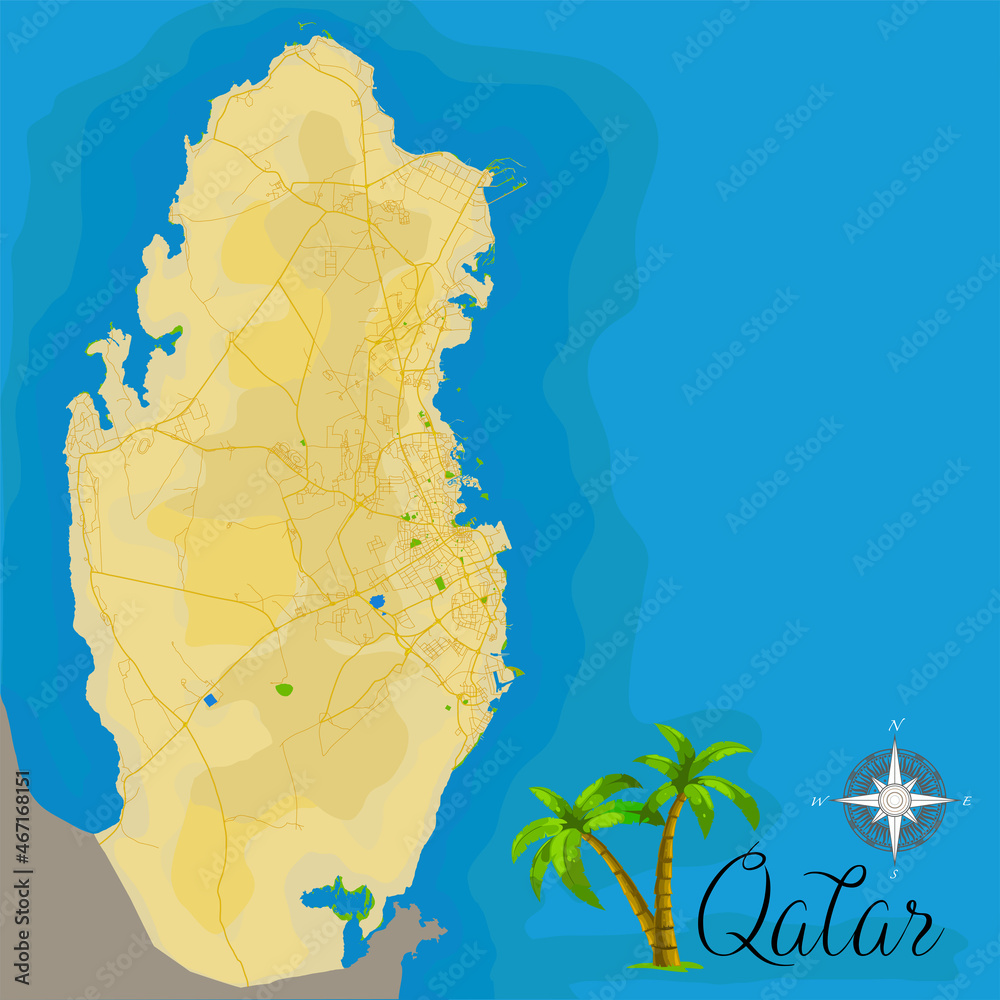 Qatar. Realistic satellite background map with roads. Drawn with ...